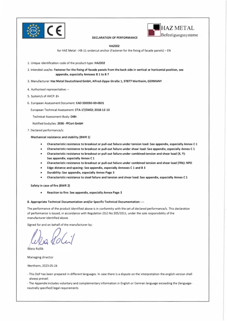 Declaration of Performance | HAZ Metal UK